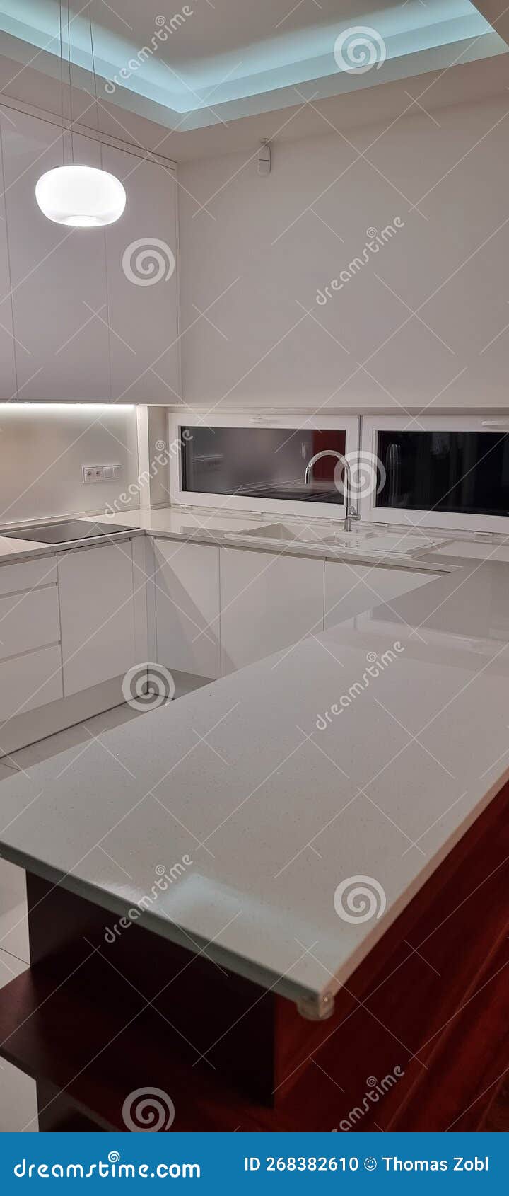 Kitchen, View of the Kitchen Counter, Sink and Induction Hob. Stock ...
