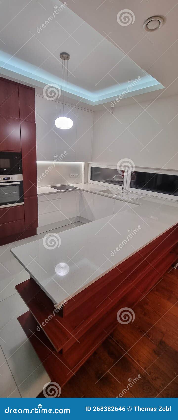 Kitchen, View of the Kitchen Counter, Sink and Induction Hob. Stock ...