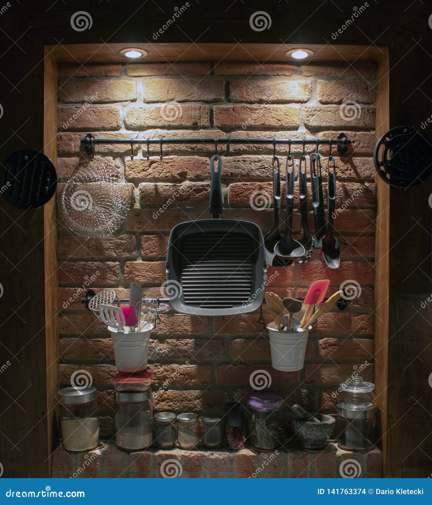 Kitchen Wall with Wooden Frame Stock Photo - Image of antique, design ...