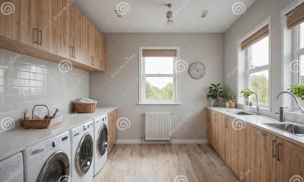 Kitchen with Washing Machine and Window Stock Illustration ...