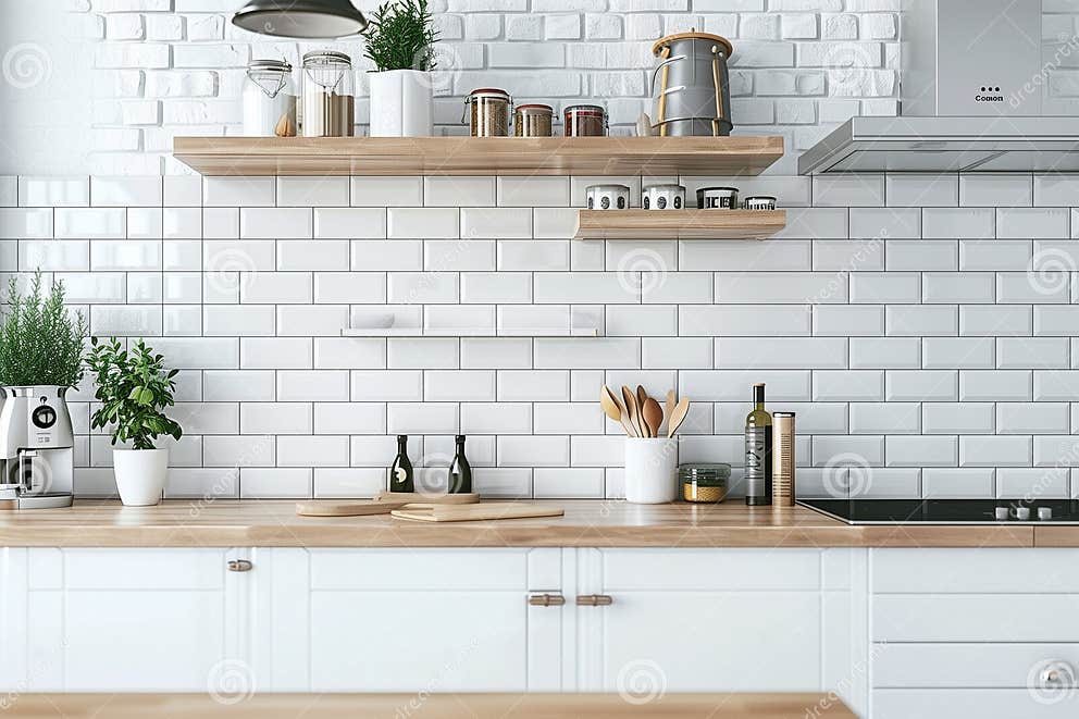 Kitchen with White Brick Walls and Wooden Counters Stock Image - Image ...