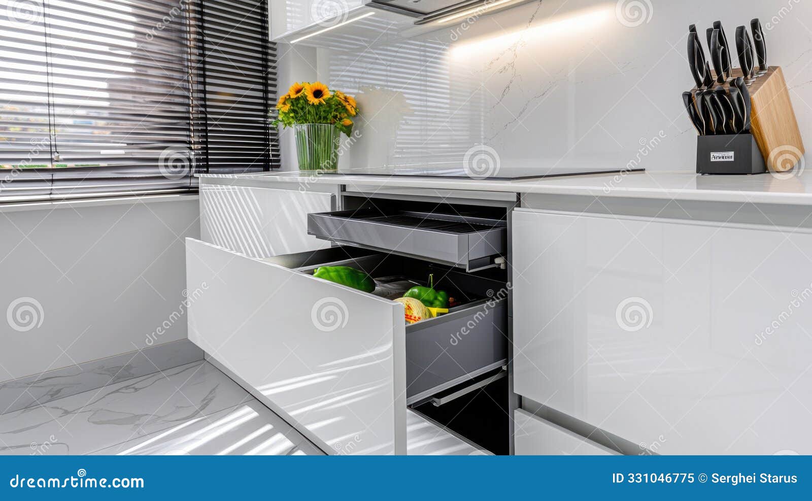 A Kitchen with a White Counter Top and Drawers in the Cabinet, AI Stock ...