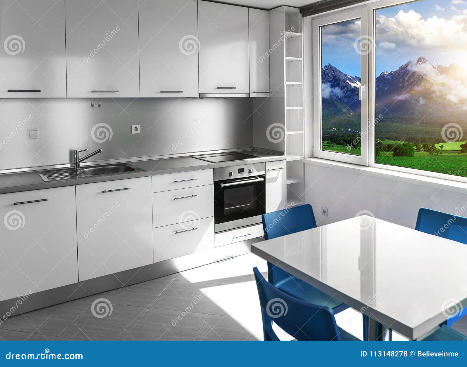 Kitchen with White Furniture and Windows with Mountain Scenery. Stock ...