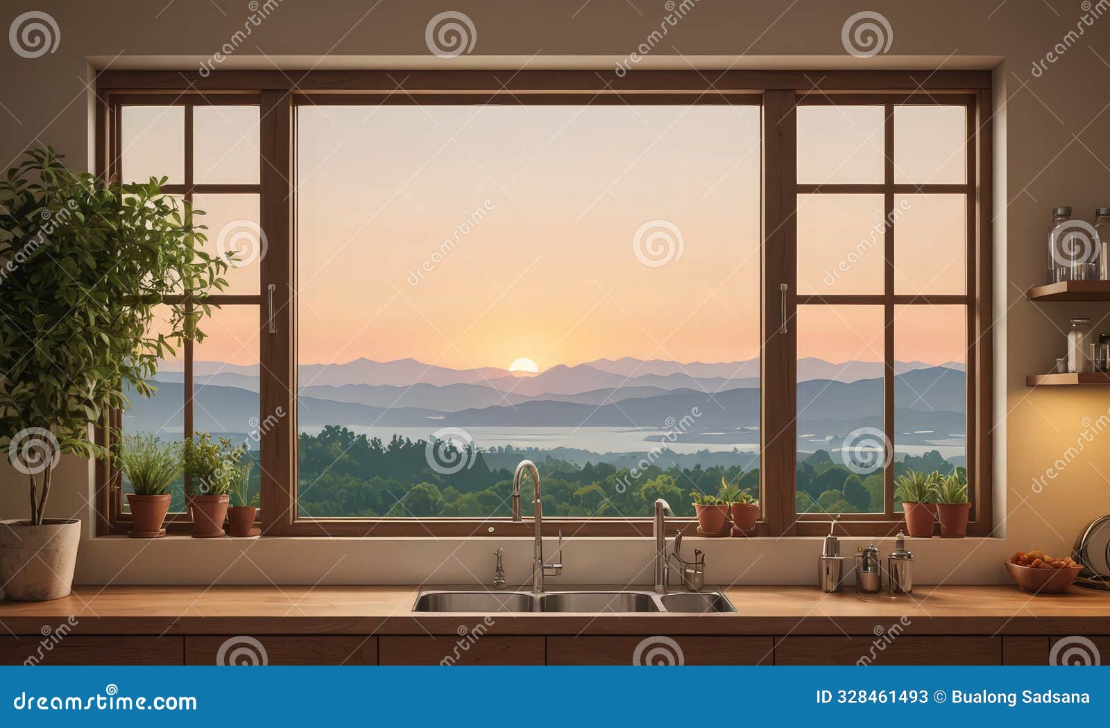 Kitchen Window Frames Serene Landscape Mountains, Trees, and Sunset ...