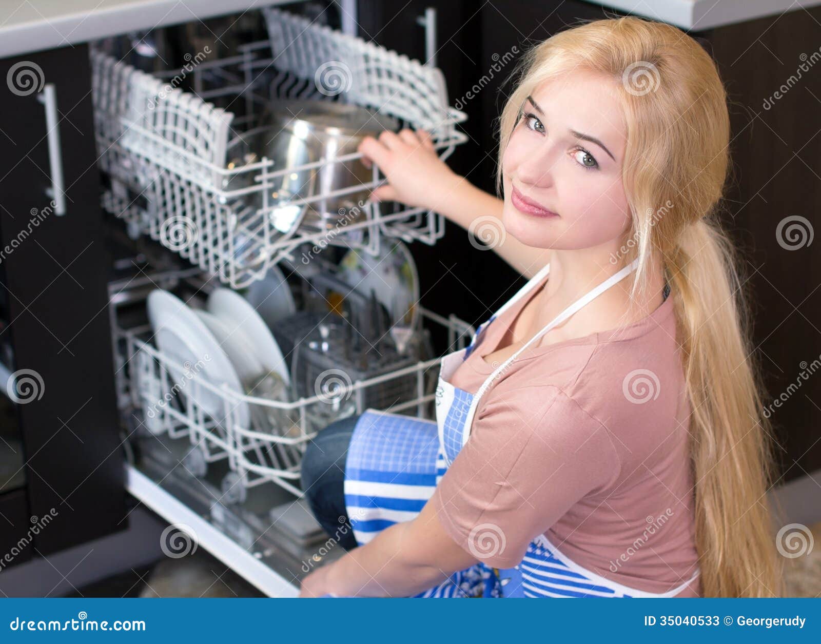 Kitchen Woman stock image. Image of brown, dishwasher - 35040533