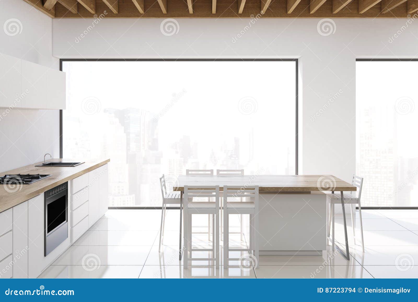 Kitchen with Wooden Ceiling, Side View Stock Illustration ...