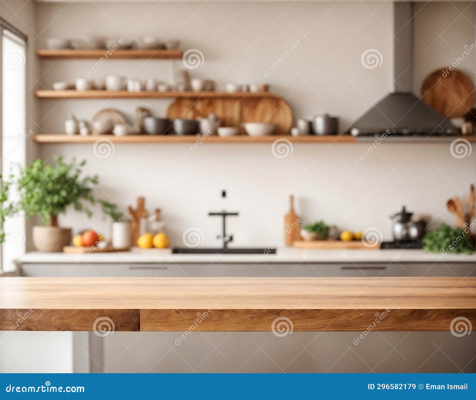 Kitchen Wooden Table with Kitchen Background View Stock Image - Image ...