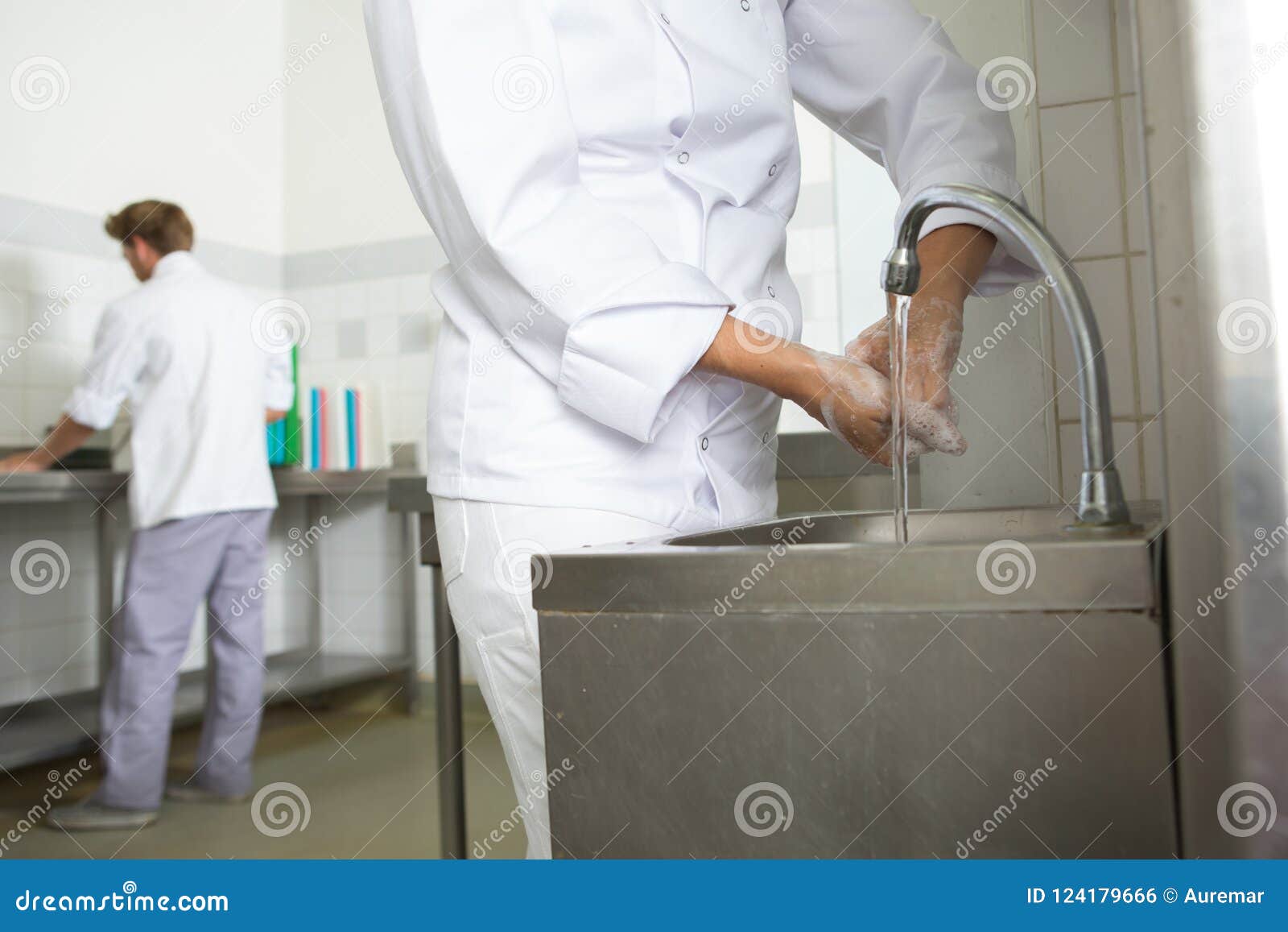 Kitchen Worker Washing Hands Stock Photo - Image of canteen, liquid ...