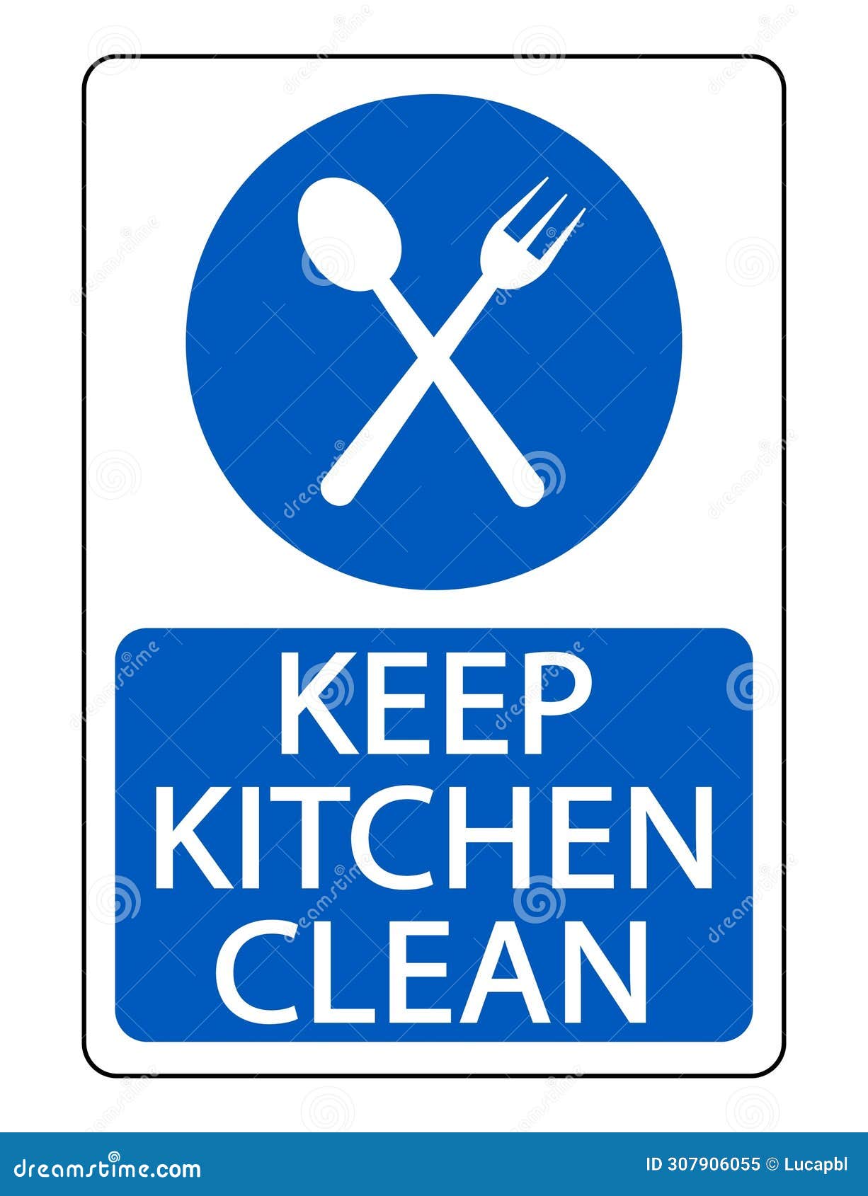 Keep Kitchen Clean, Mandatory Sign with Crossed Spoon and Fork on Blue ...