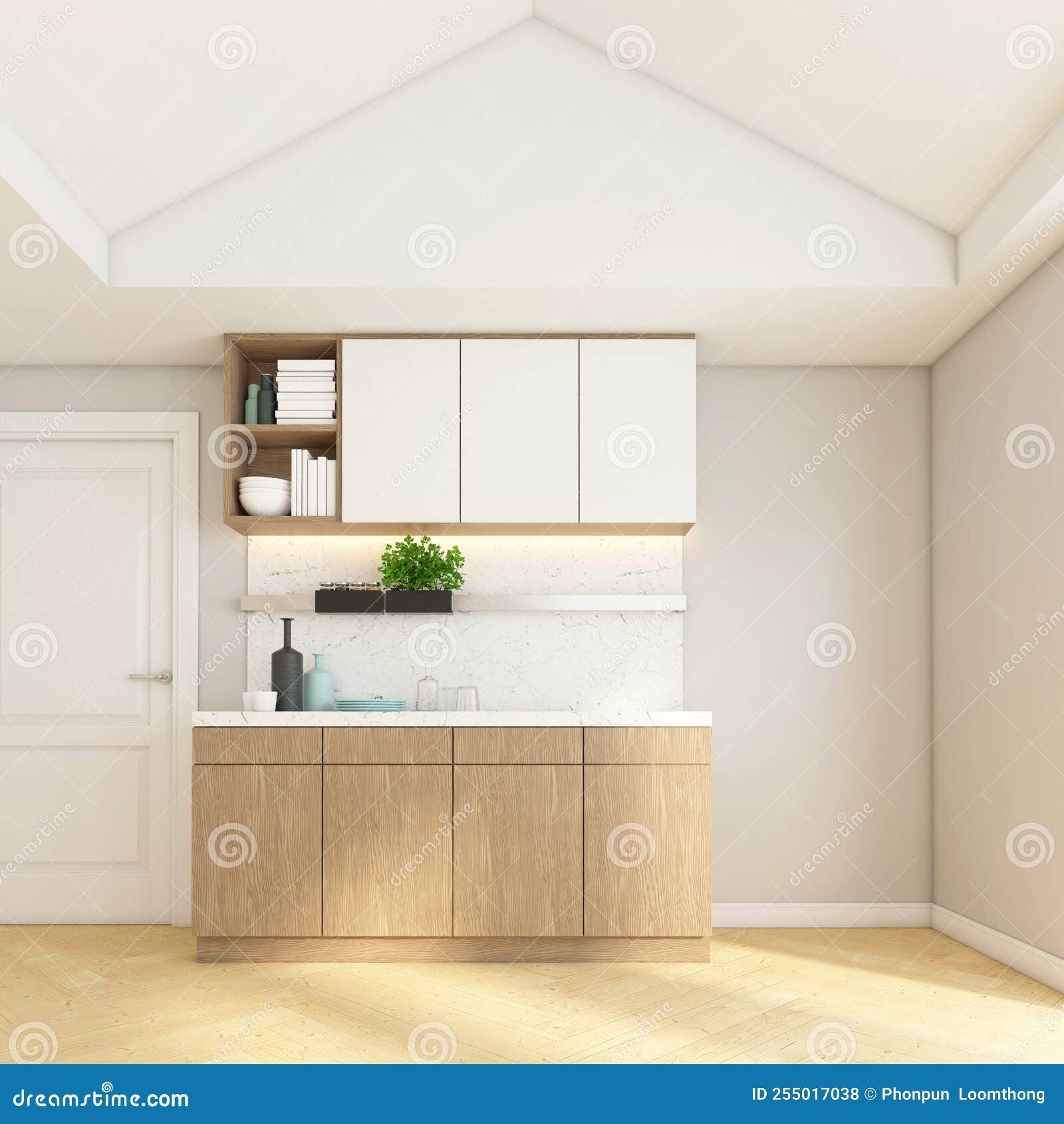 Kitchenette with Built-in Counters and Wood Cabinet. 3D Rendering Stock ...