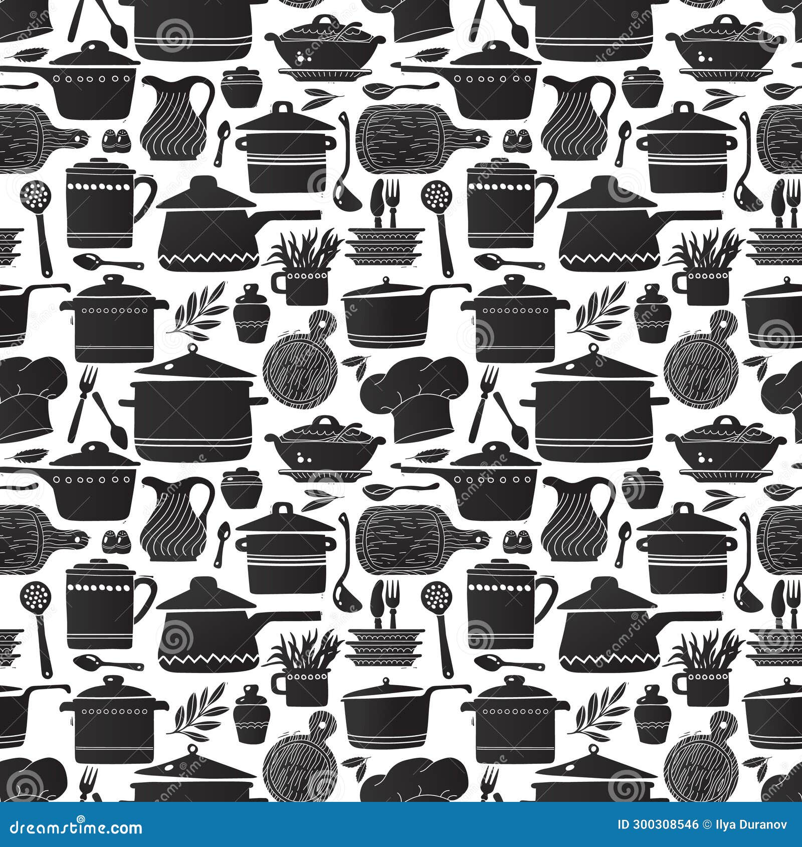 Kitchenware and Cutlery in Linocut Style. Seamless Pattern for Fabric ...