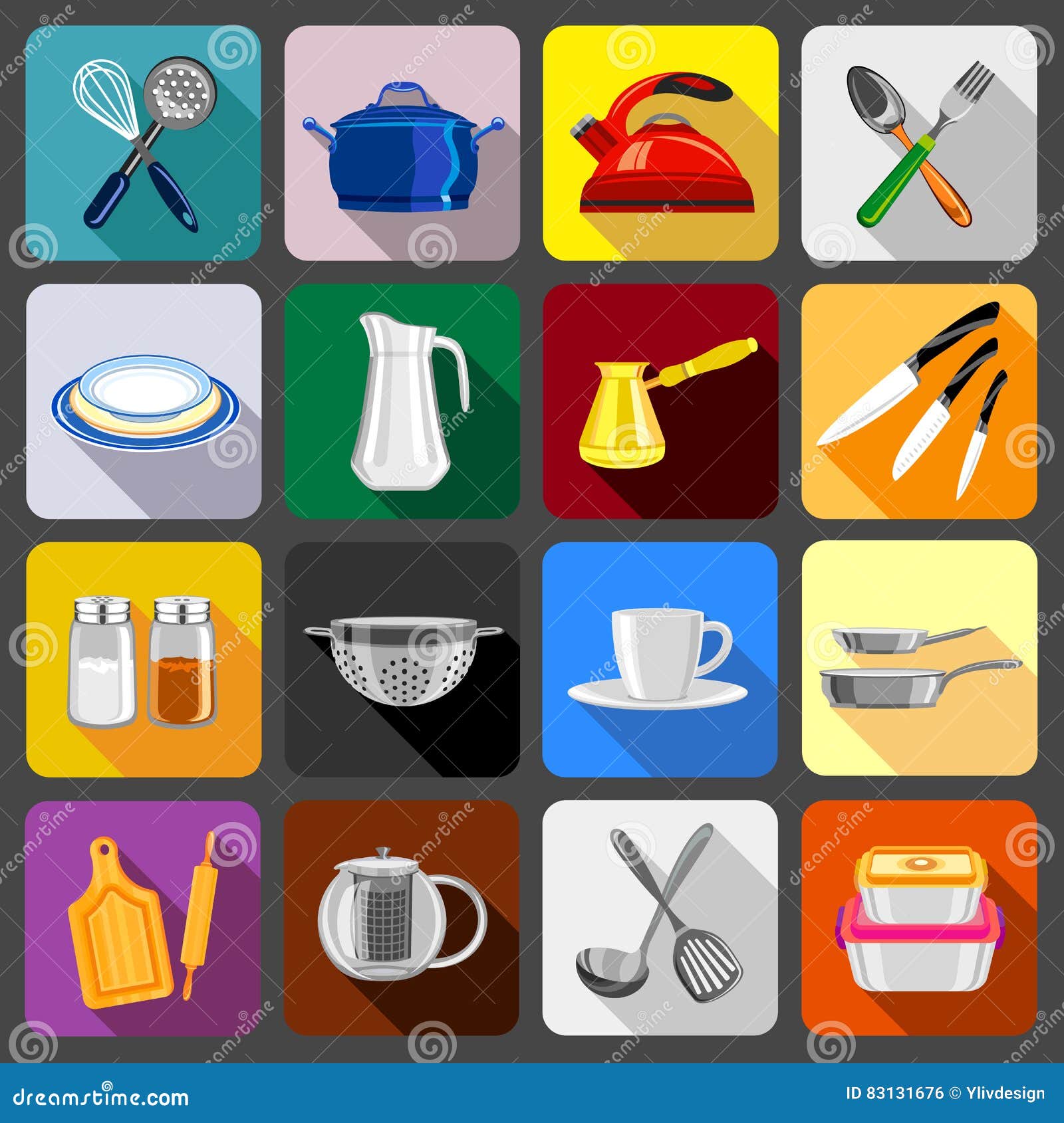 Kitchenware Dishes Icons Set, Flat Style Stock Vector - Illustration of ...