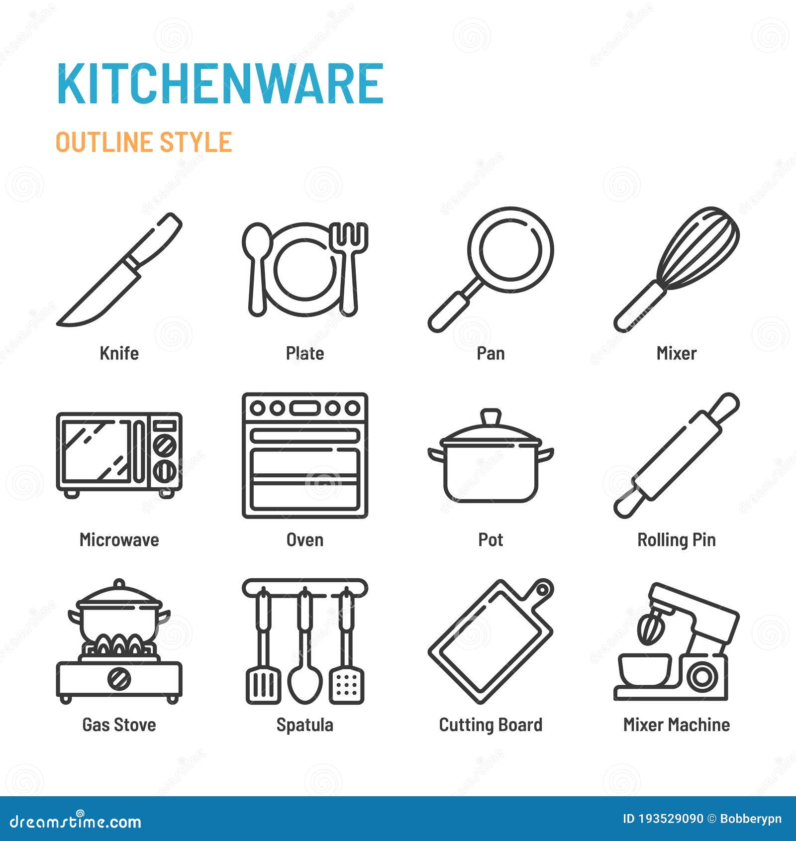 Kitchenware in Outline Icon and Symbol Set Stock Vector - Illustration ...