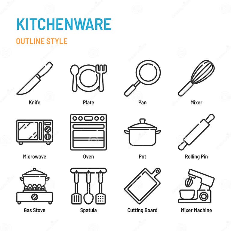 Kitchenware in Outline Icon and Symbol Set Stock Vector - Illustration ...