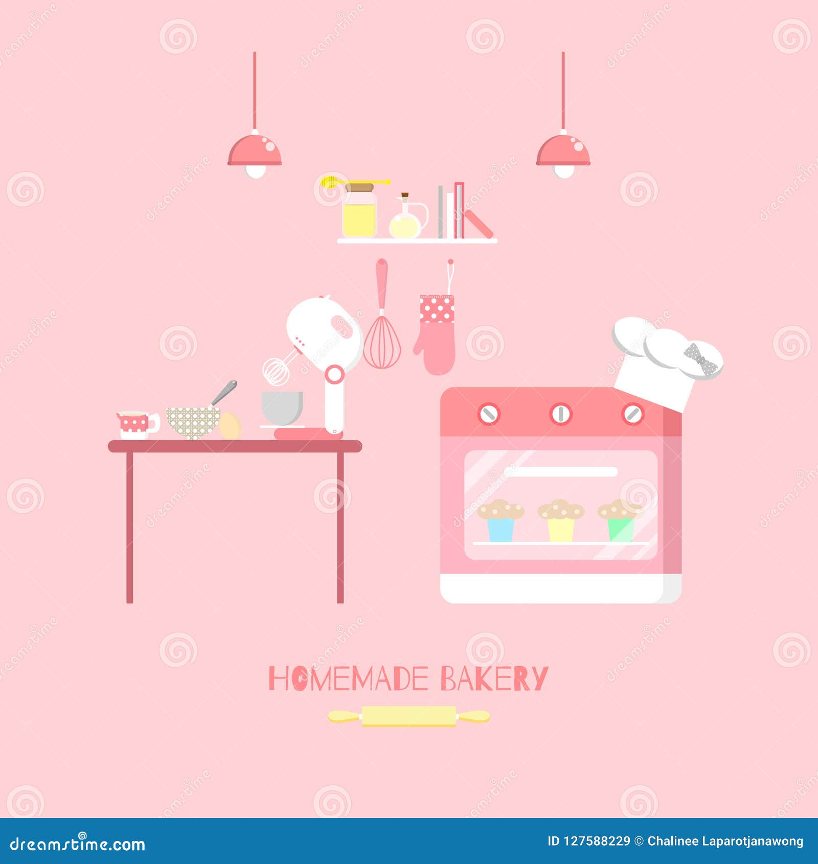 Kitchenware in pink theme stock vector. Illustration of bread - 127588229
