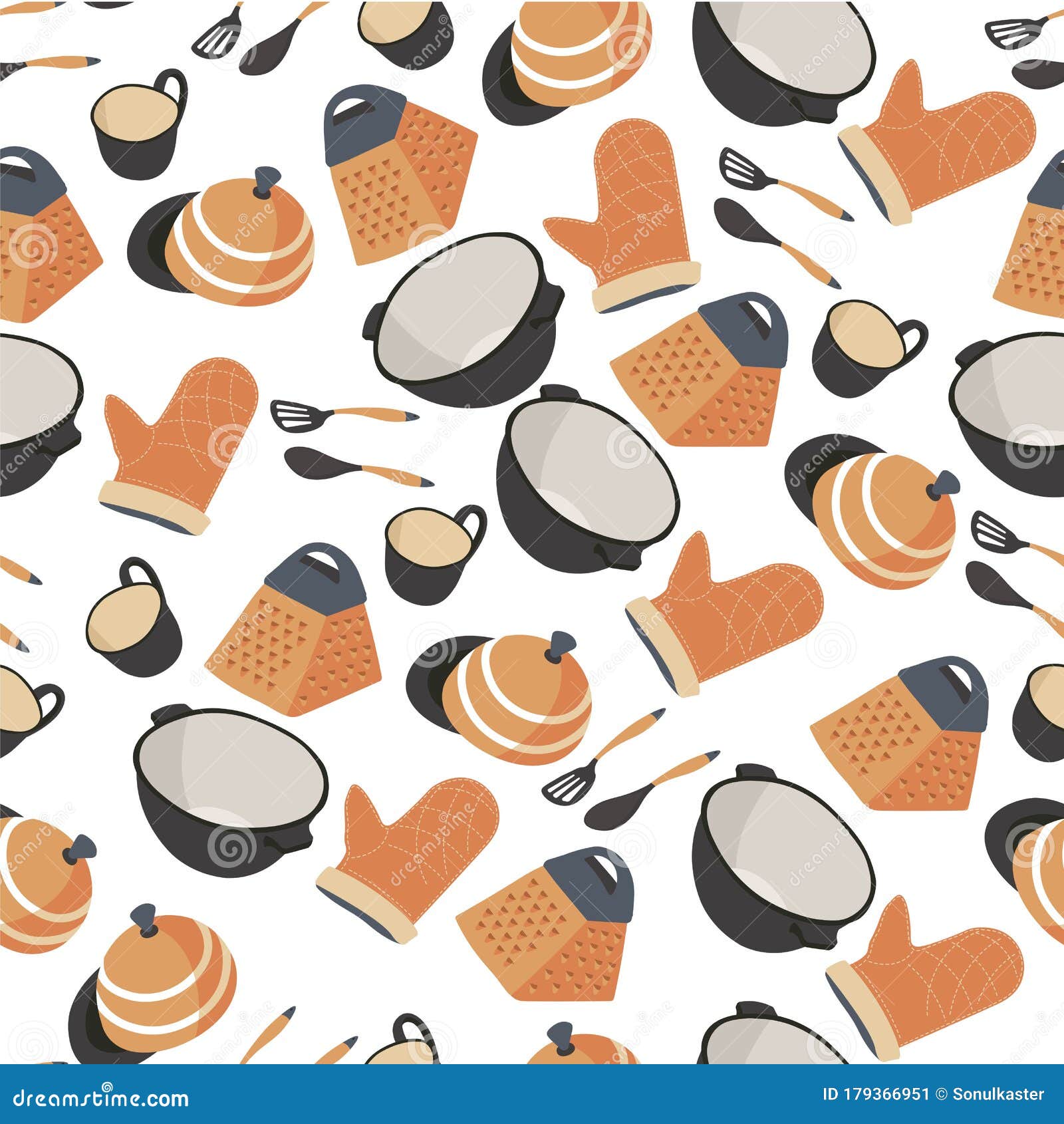 Kitchenware Seamless Pattern, Saucepan with Gloves and Spatula Stock Vector - Illustration of ...