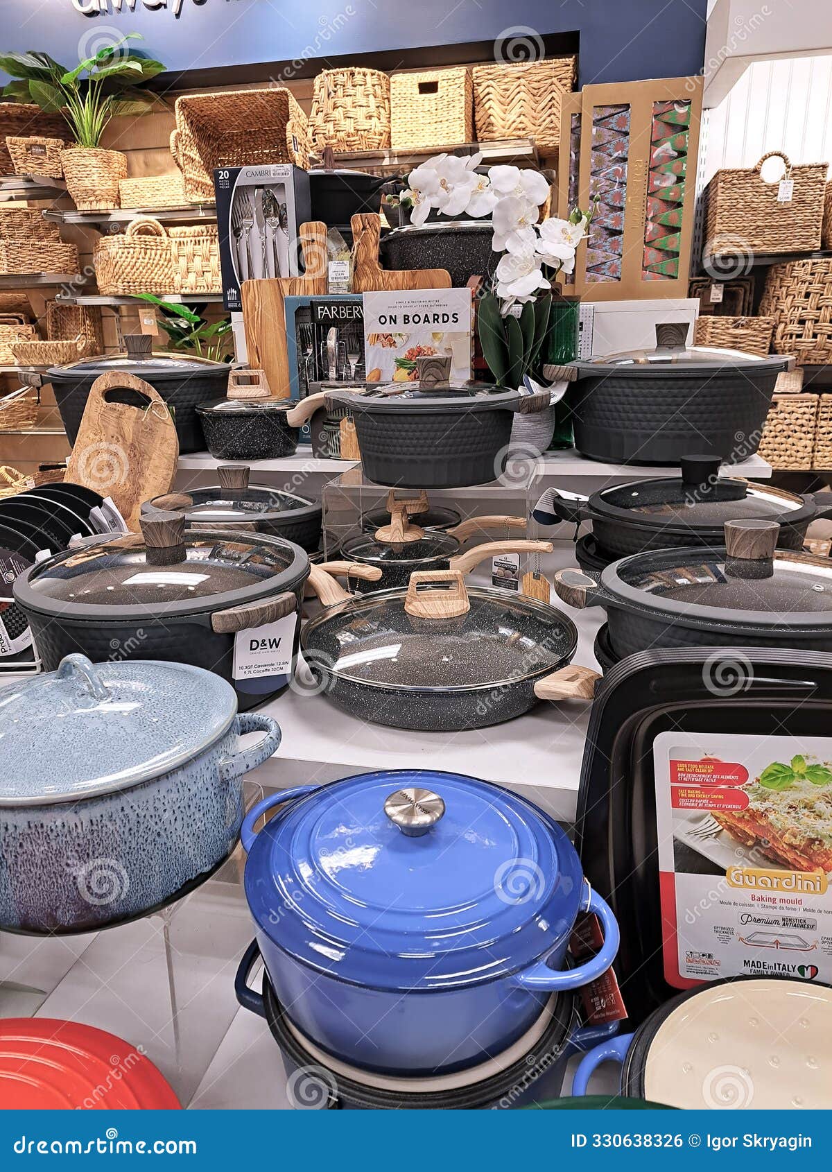 The Kitchenware Section of a Large Store. a Counter with Colorful Pots ...
