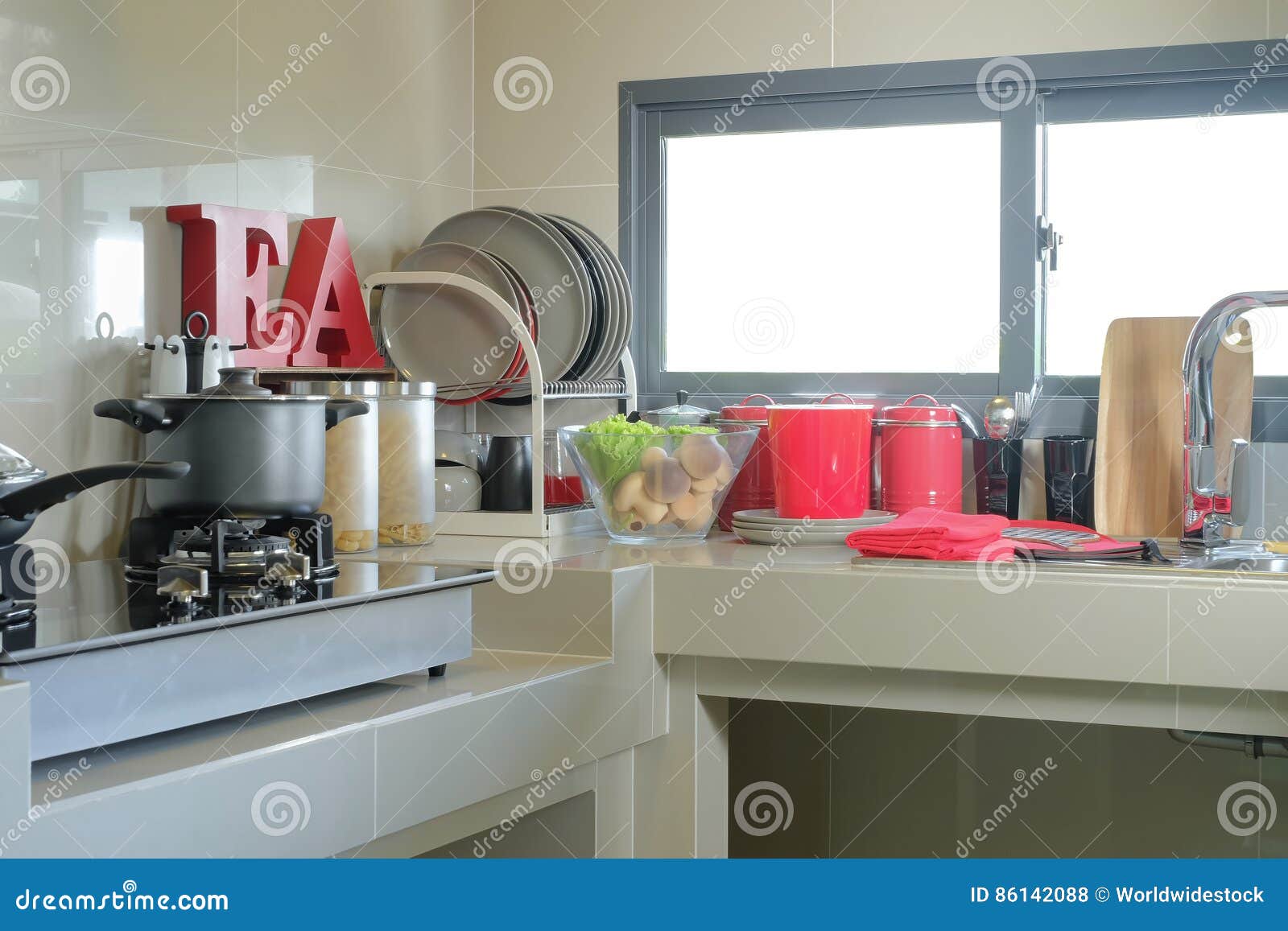 Kitchenware and Utensil on Counter in Kitchen Room Stock Photo - Image ...