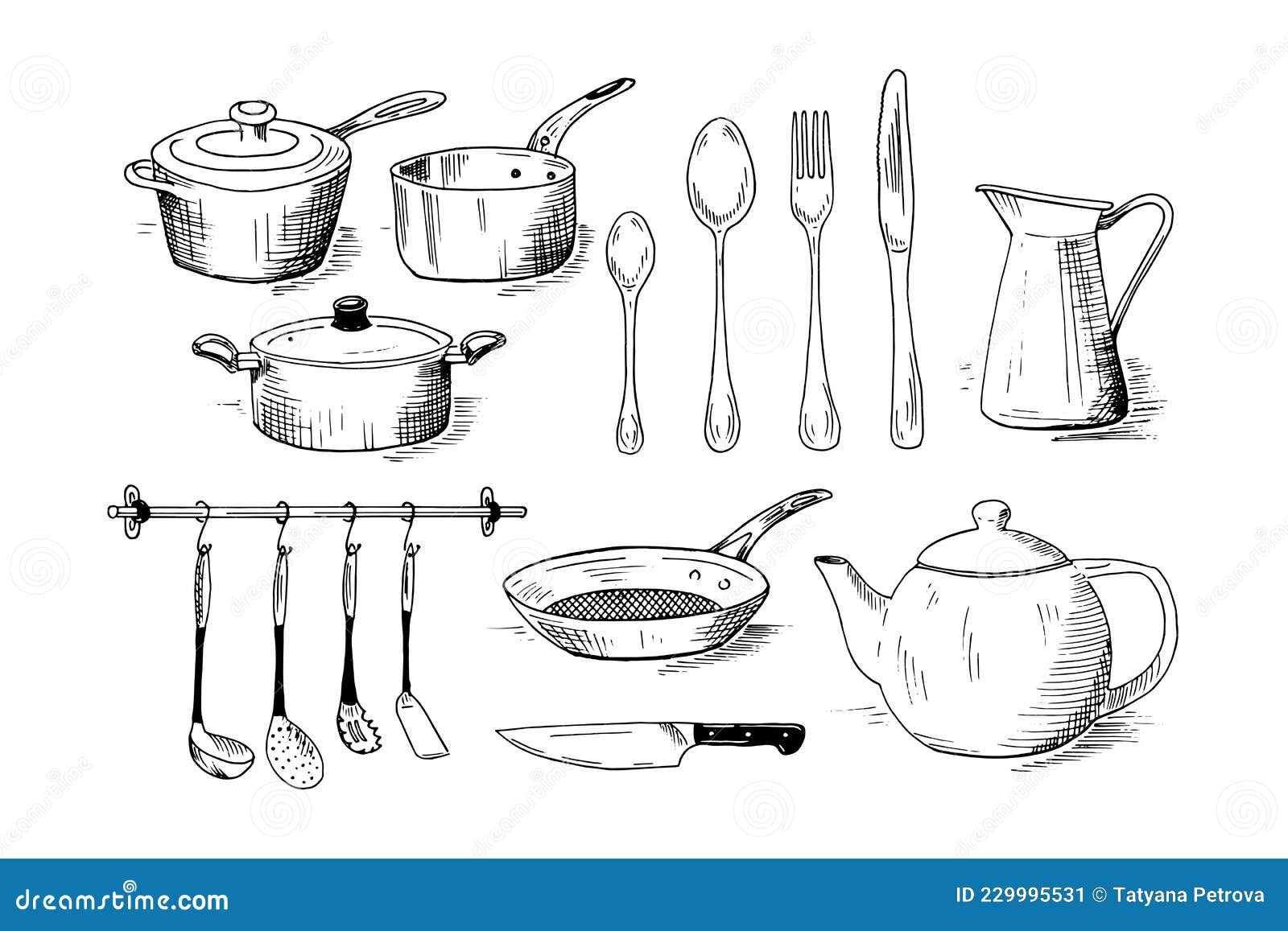 Kitchenware and Utensil. Hand Drawn Illustrations. Set of Vector ...