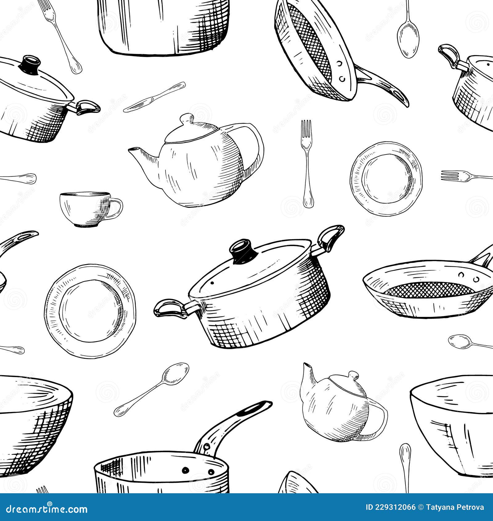 Kitchenware and Utensil. Hand-drawn Vector Sketches. Seamless Pattern ...