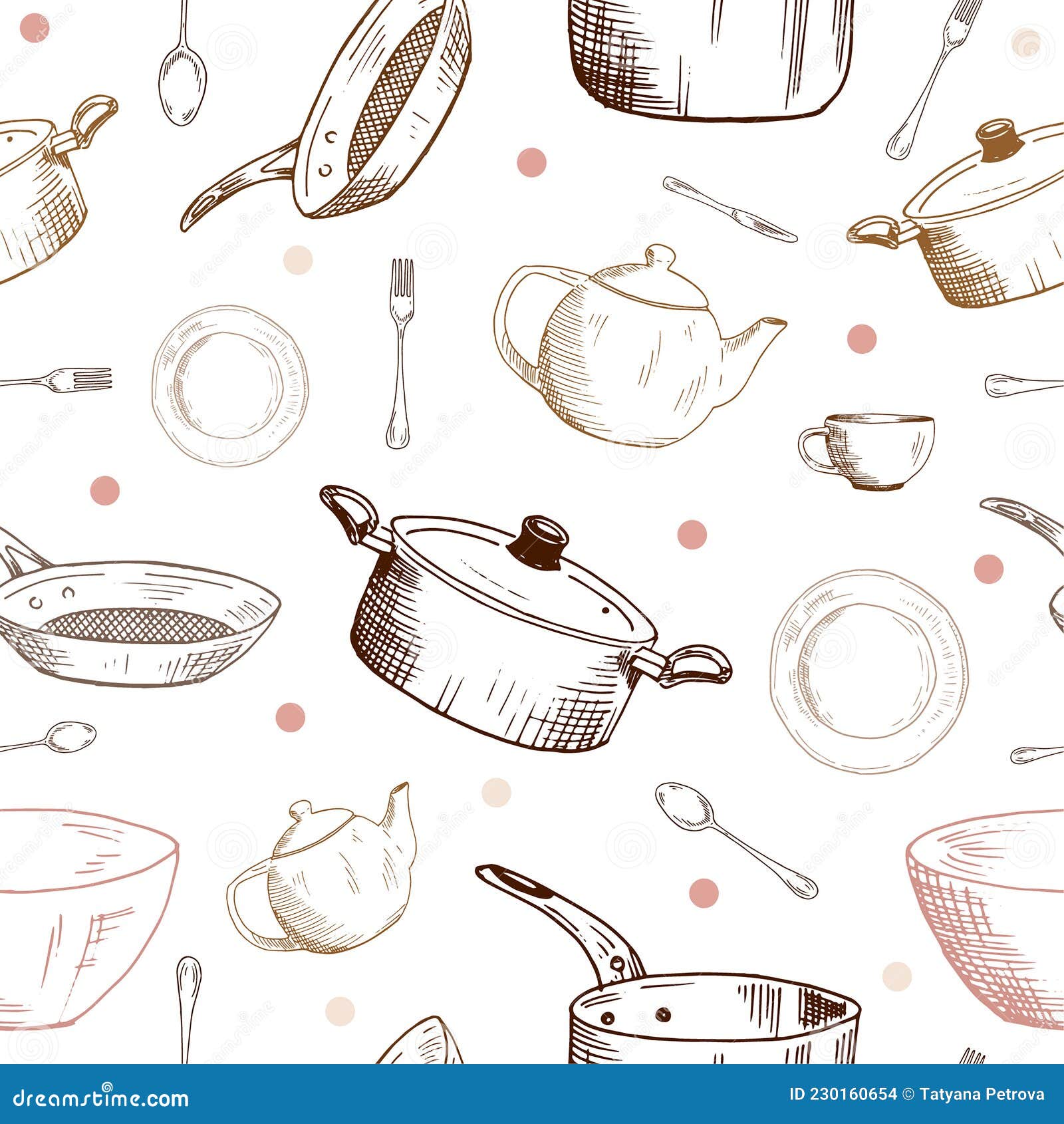 Kitchenware and Utensil. Hand-drawn Vector Sketches. Seamless Pattern ...