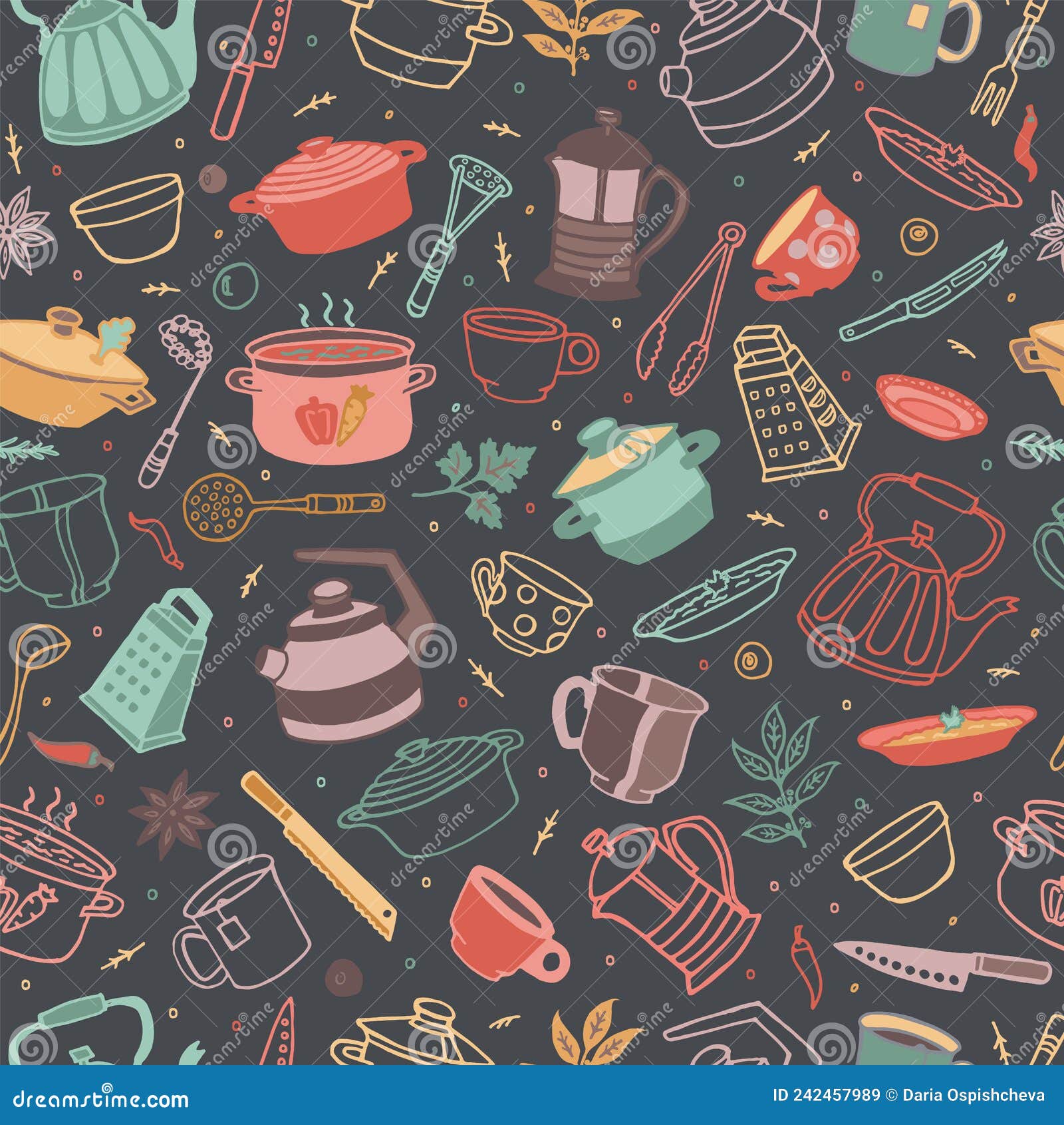 Kitchenware Vector Pattern. Tool and Ware Collection. Hand Drawn ...