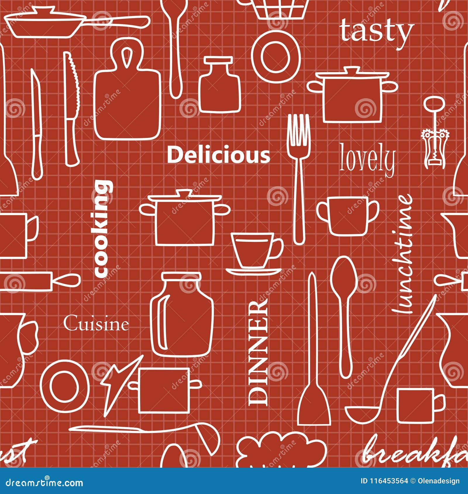 Kitchenware and Words - Dark Red Vector Seamless Pattern with White ...