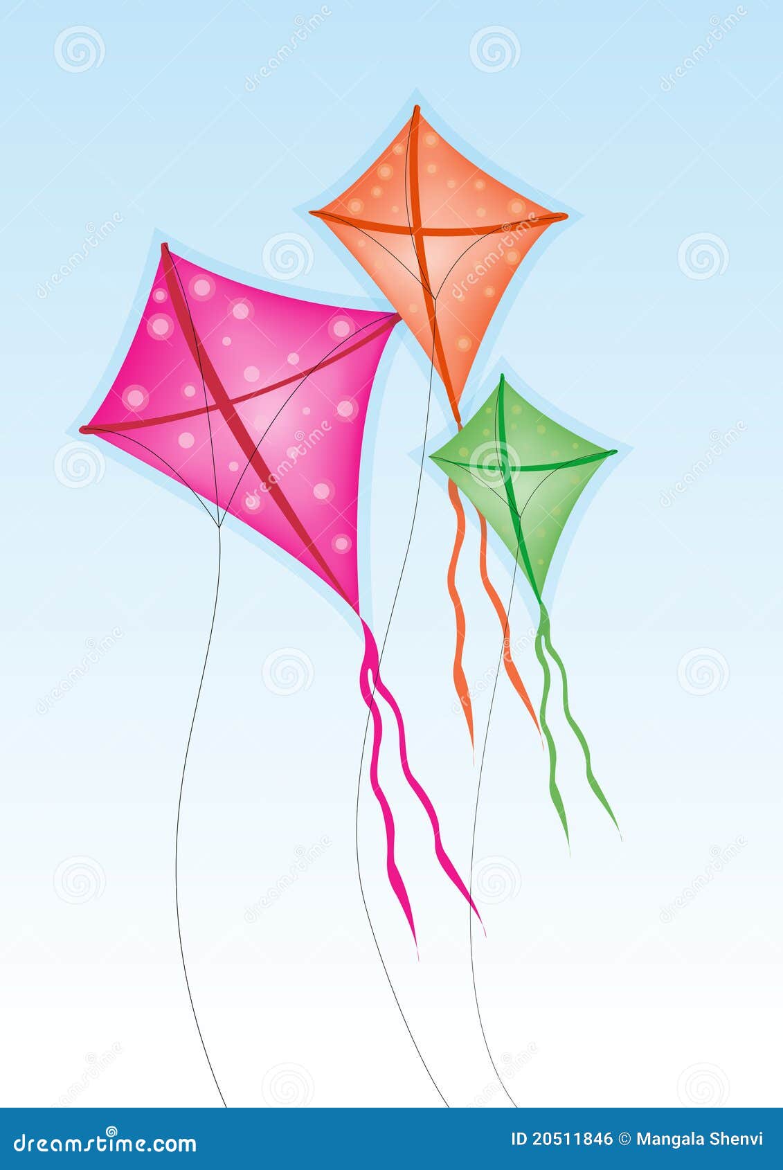 Three Kites Flying Isolated Cartoon Blue Lines Vector Illustration ...