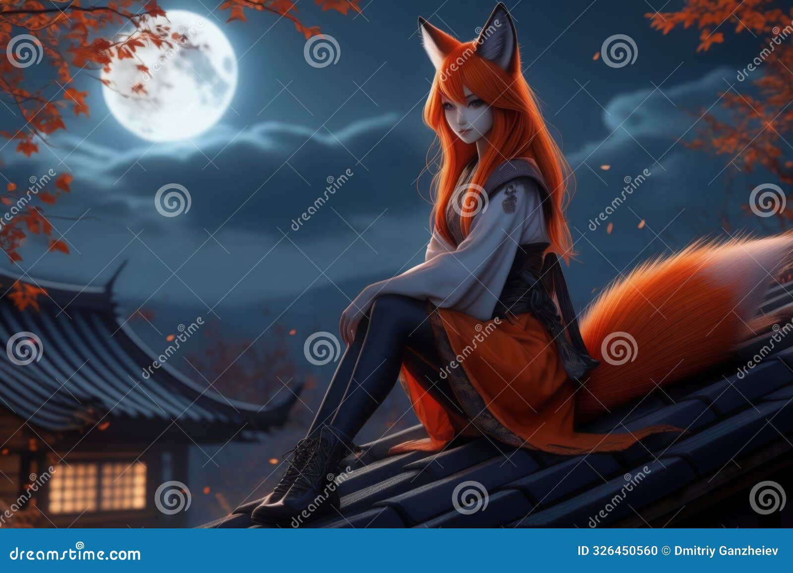 Nighttime Kitsune On Roof Royalty-Free Stock Photo | CartoonDealer.com ...