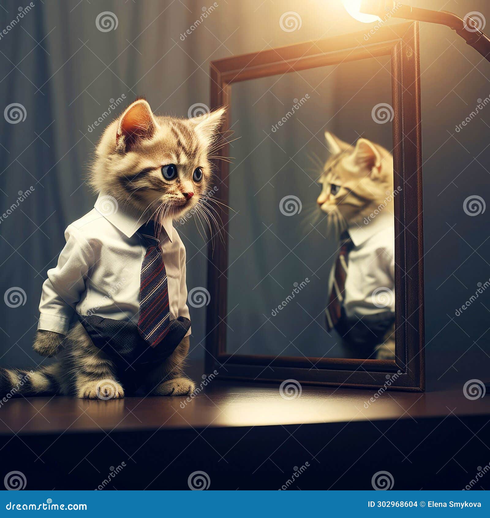 A Kitten in a Business Suit and Tie Looks in the Mirror. Office Style ...
