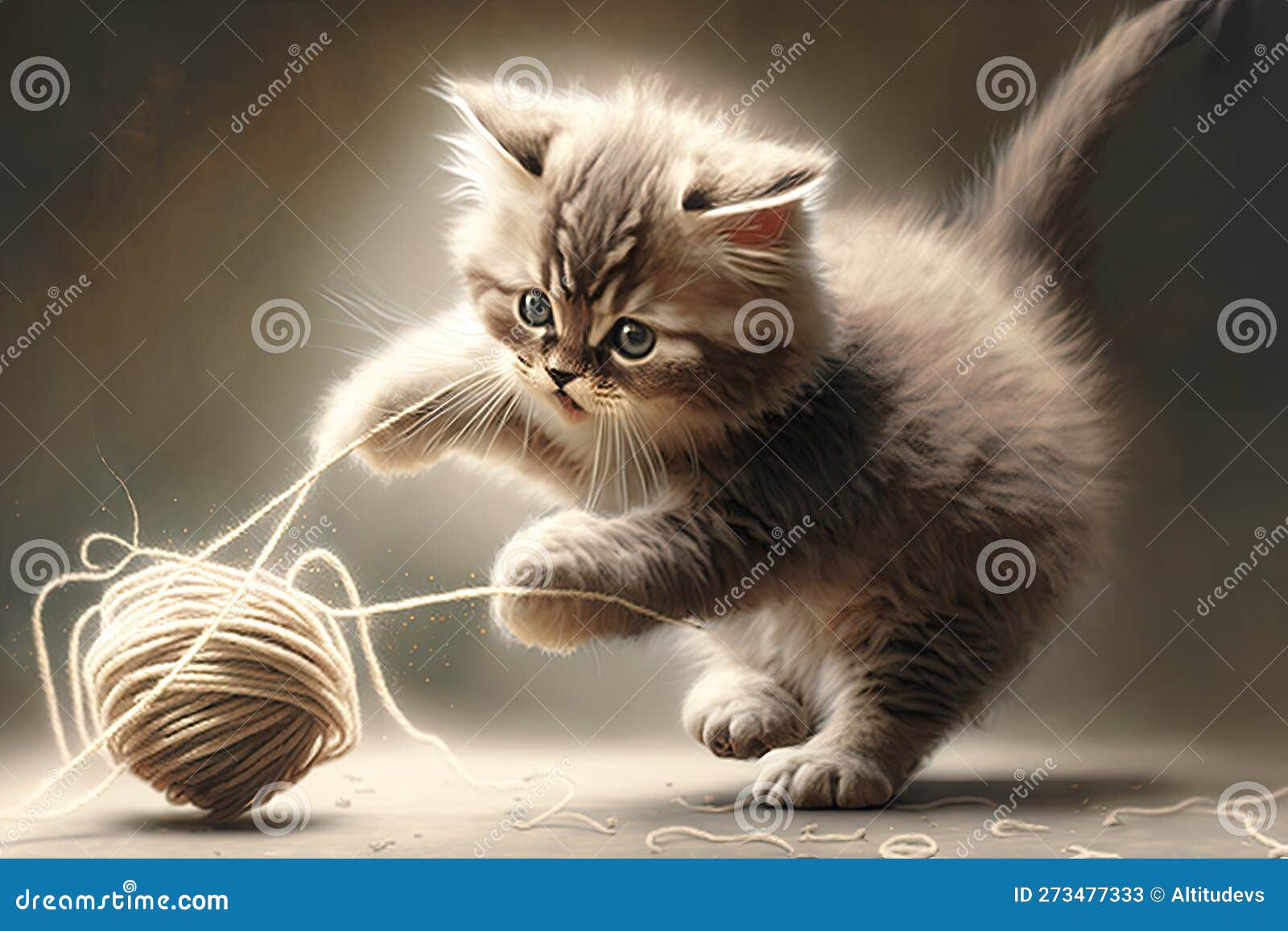 Kitten Chasing a Ball of String, Playfully Biting and Pawing at it ...