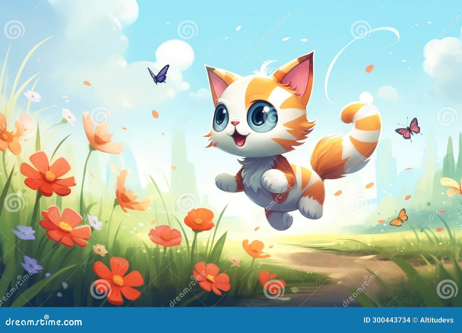 Kitten Chasing Butterflies in a Flower Field Stock Photo - Image of ...