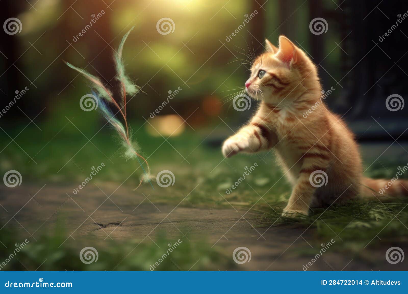 Kitten Chasing Feather on String Outdoors Stock Illustration ...
