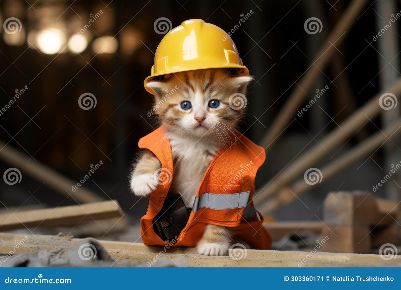 A Kitten Dressed As a Builder at a Construction Site with Safety Helmet ...