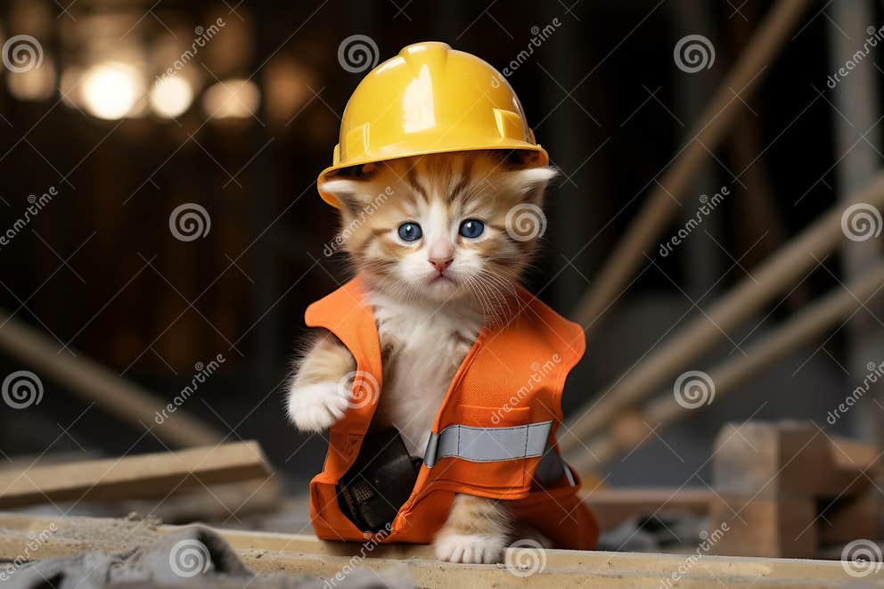 A Kitten Dressed As a Builder at a Construction Site with Safety Helmet ...
