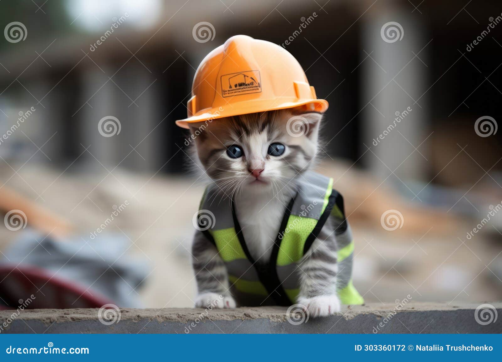A Kitten Dressed As a Builder at a Construction Site with Safety Helmet ...