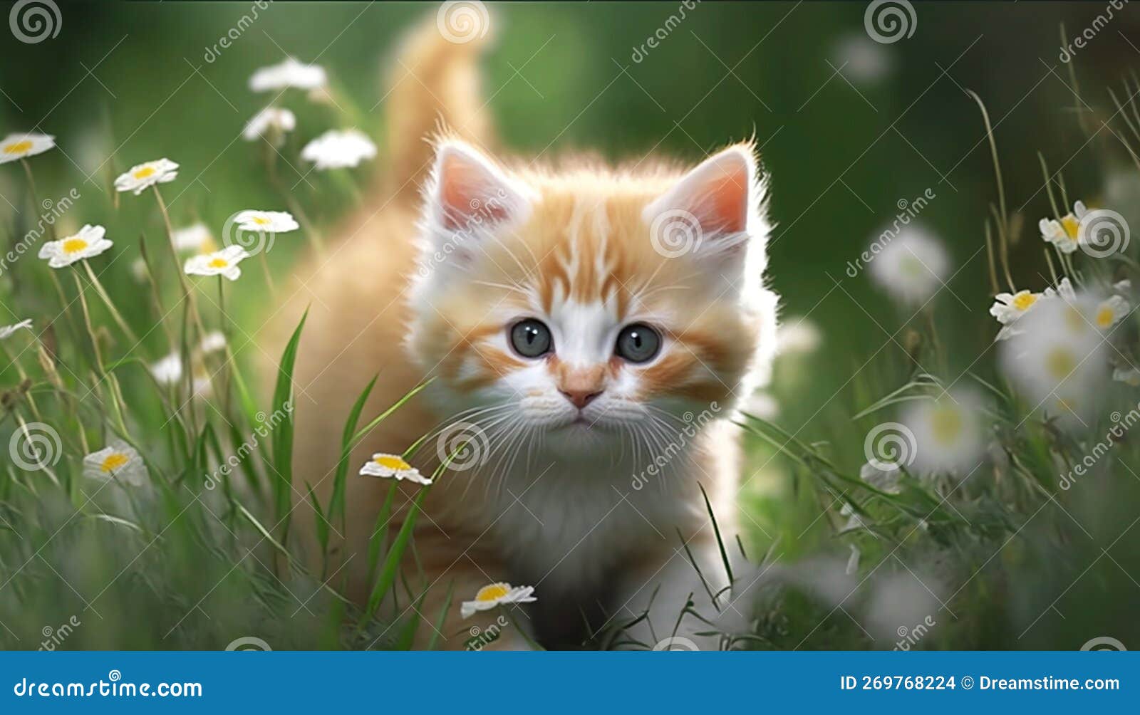A Kitten is Having Fun in a Meadow of Flowers and Grass Stock Photo ...