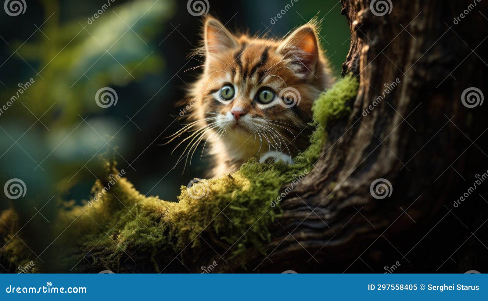 A Kitten Peeks Out from Behind a Tree Trunk, AI Stock Image - Image of ...