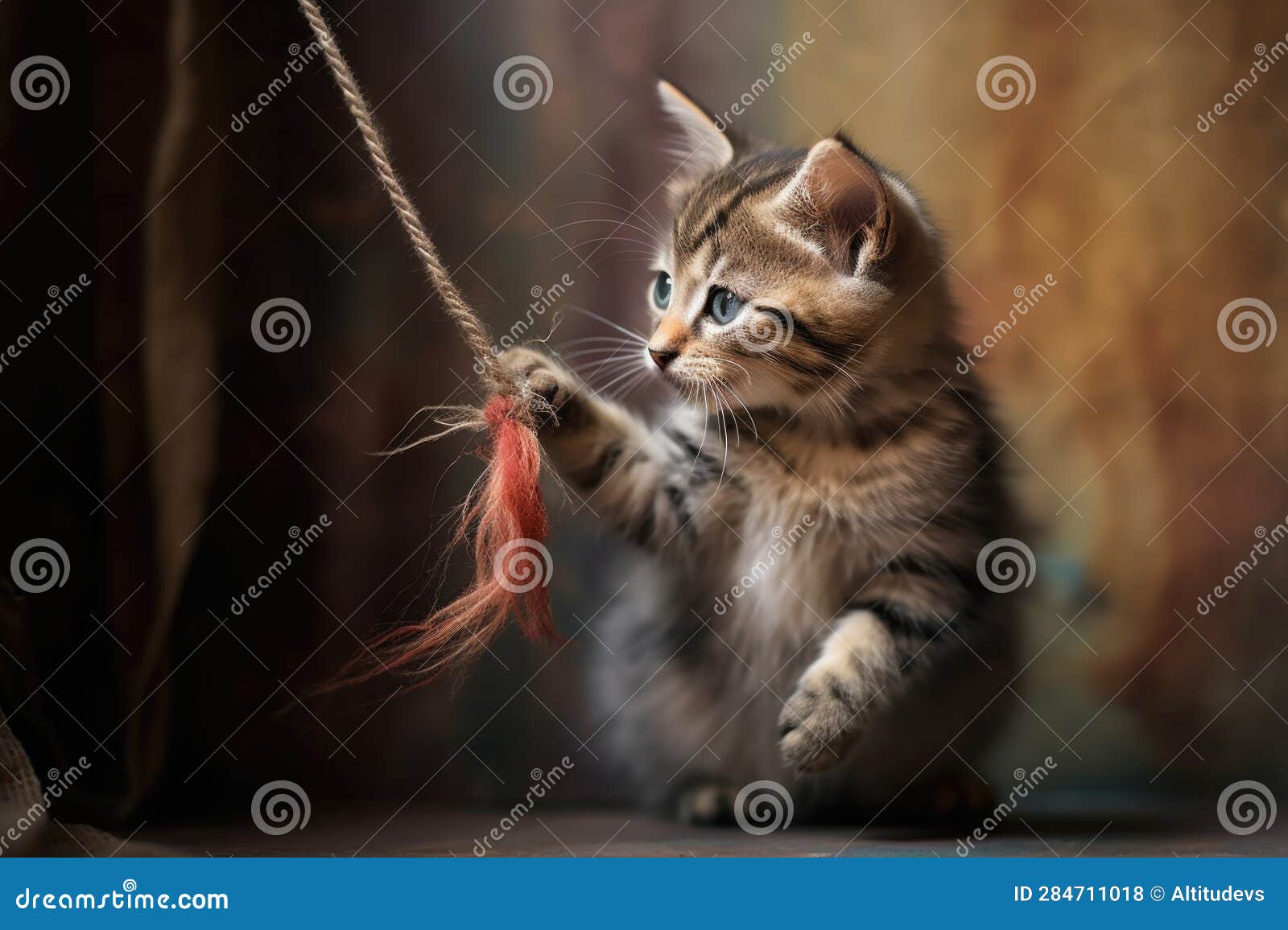 Kitten Playfully Biting Feather on a String Stock Illustration ...