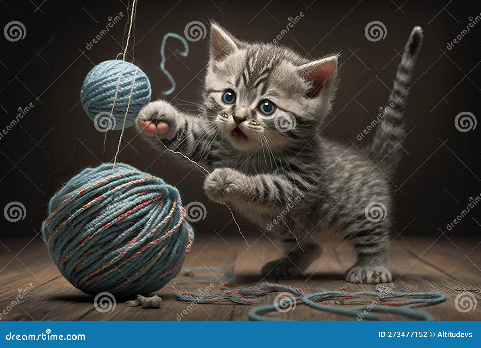 Kitten Playing with Ball of Thread, Chasing it and Pouncing on the ...