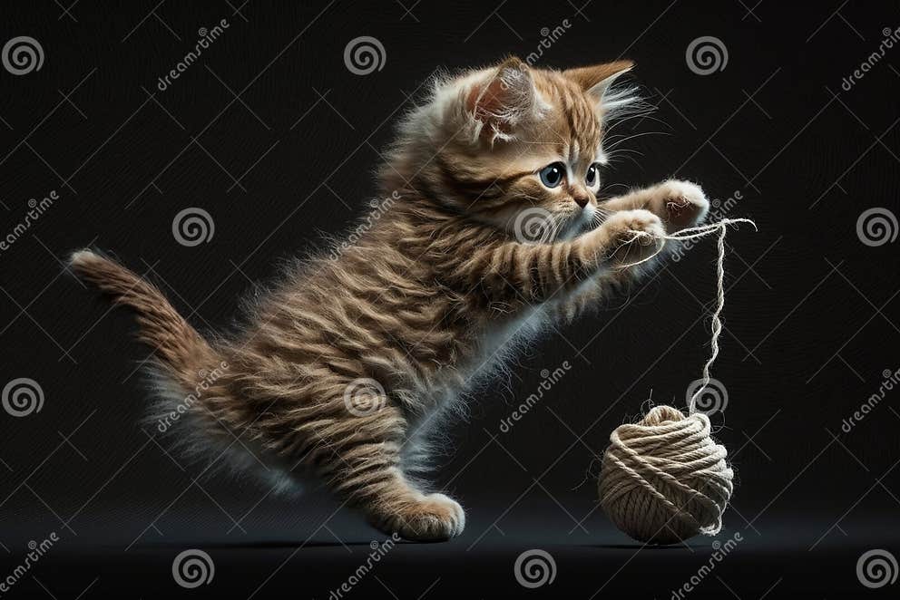 Kitten Playing with Ball of Thread, Jumping and Pouncing on the String ...