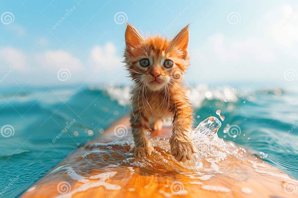 The Kitten is Riding a Wave. Surfing Stock Image - Image of healthy ...