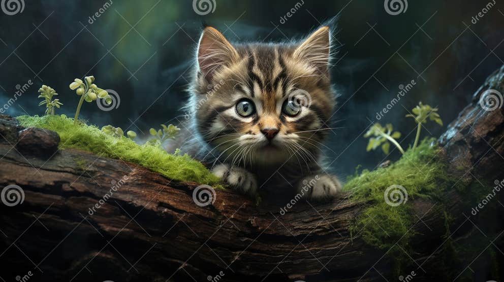 A Kitten is Sitting on a Moss Covered Log, AI Stock Image - Image of ...