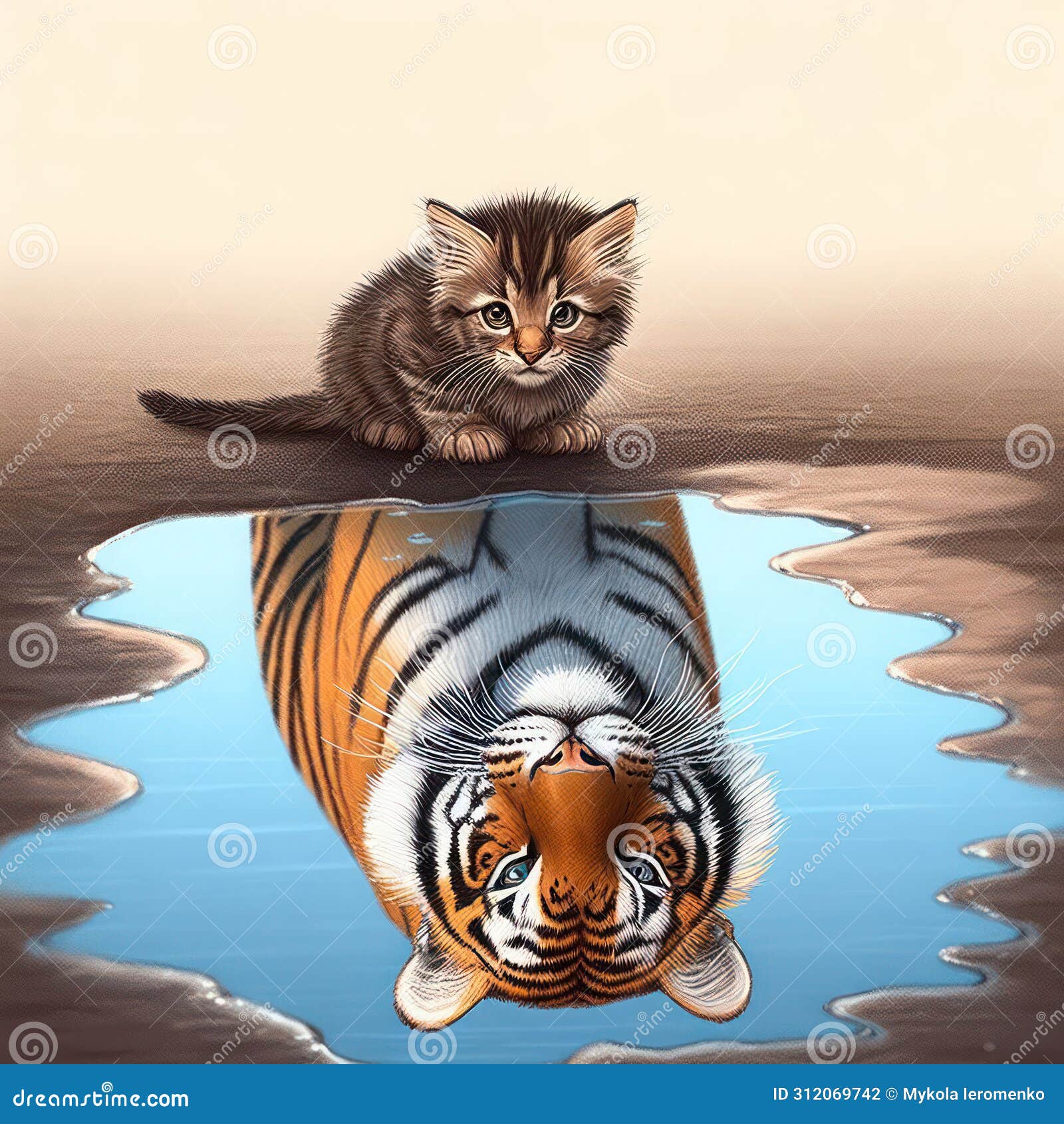 A Kitten Sitting Near a Puddle and Seeing the Reflection of a Big Tiger ...