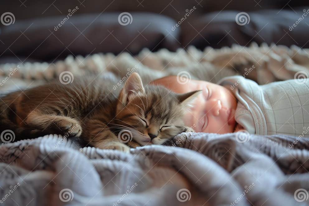 Kitten Sleeping on Babys Back during Their Nap Time Stock Photo - Image ...