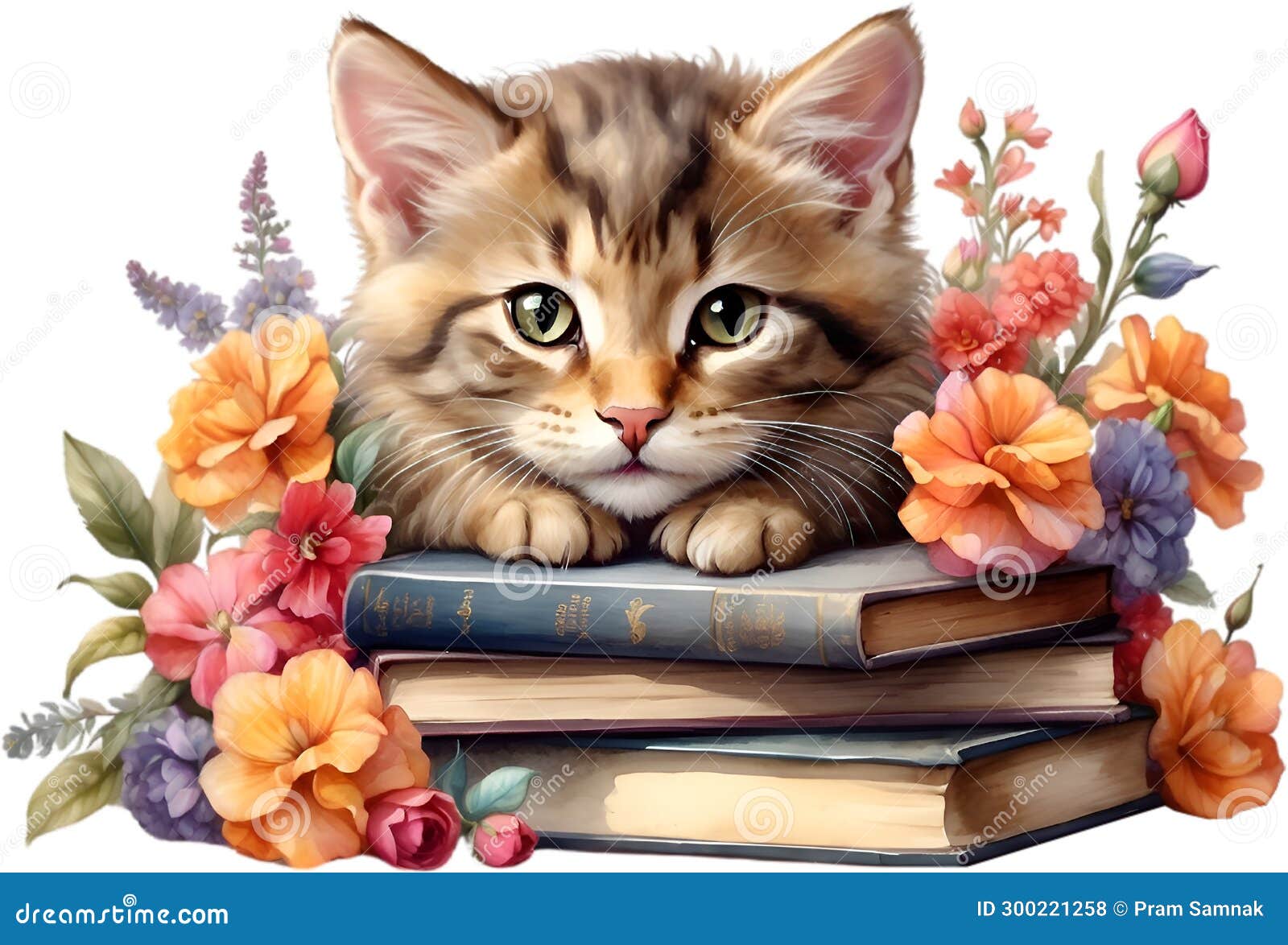 Kitten with Stack of Books. Ai-Generated. Stock Illustration ...
