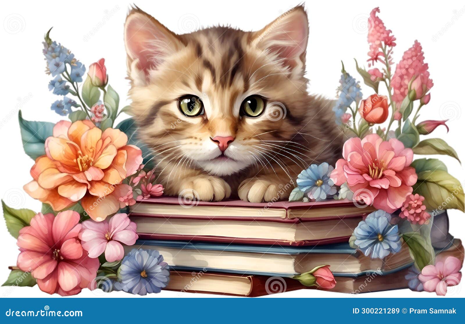 Kitten with Stack of Books. Ai-Generated. Stock Illustration ...