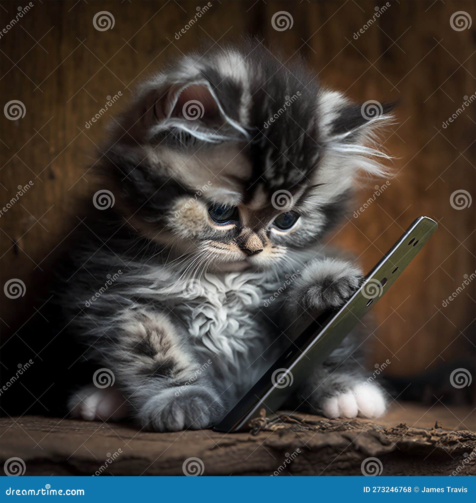 Kitten Using a Cellphone stock illustration. Illustration of holding ...