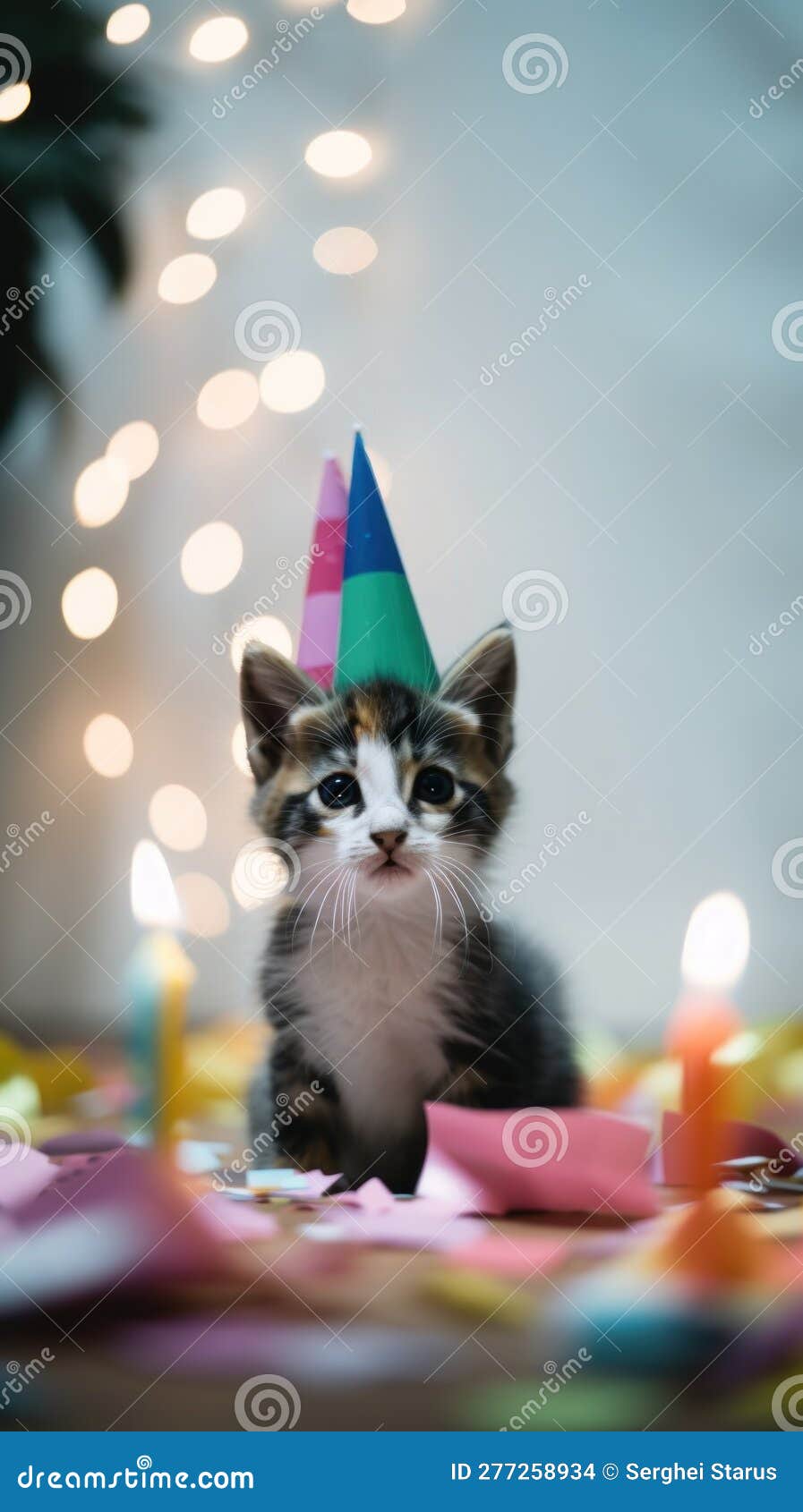 A Kitten Wearing a Party Hat Sitting on a Table. Generative AI Image ...