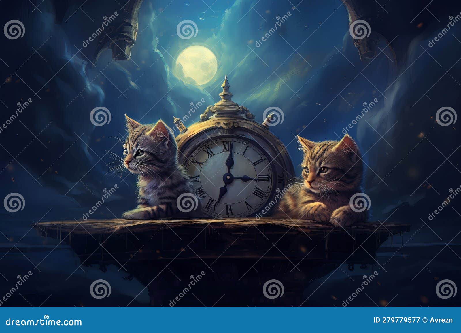 Kittens and Melted Clock: Night Sky Delight, Generative AI Stock ...